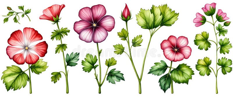 Colorful Botanical Collection of Flower Stems and Leaves on White ...