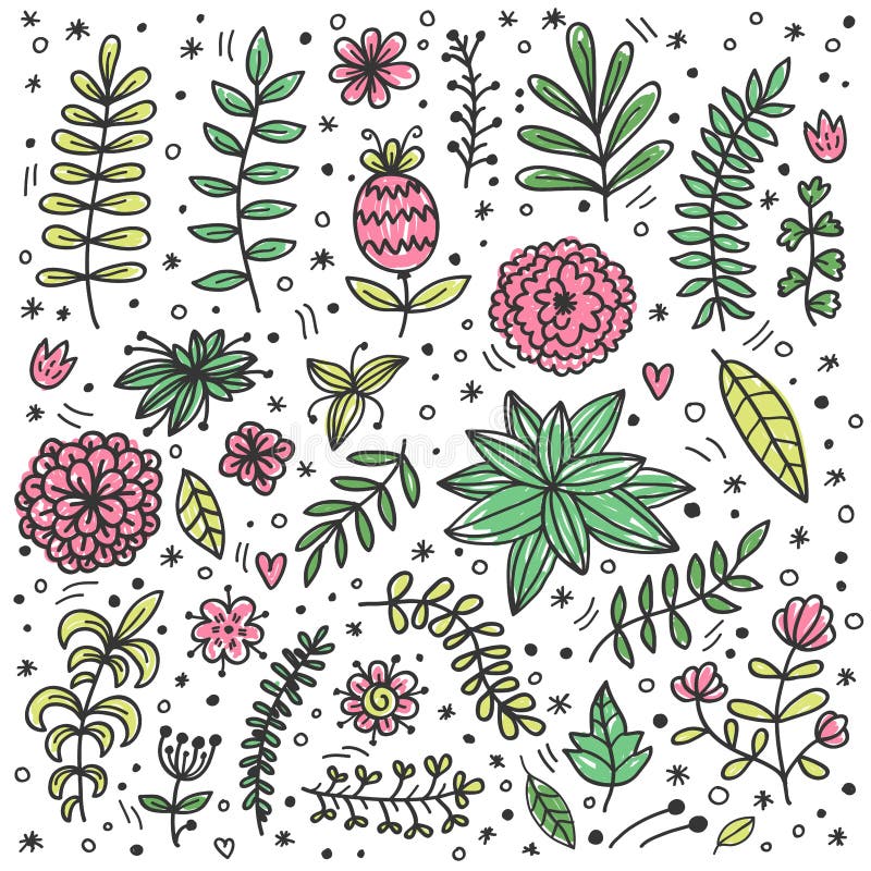 Colorful Botanical Doodle Decorative Vector Set Stock Vector ...