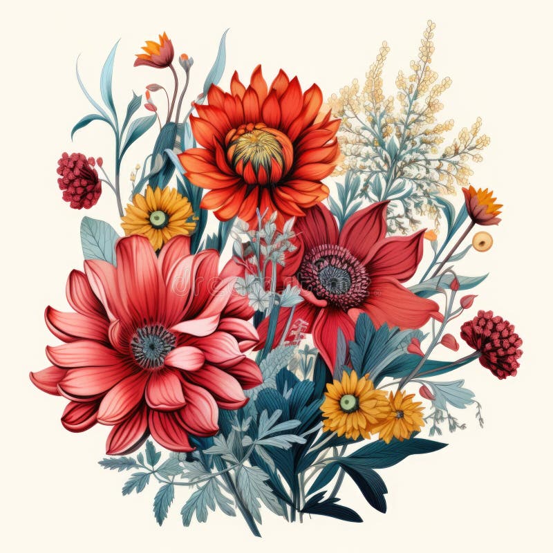 Colorful Botanical Hand Drawn Flower Illustration Stock Illustration ...
