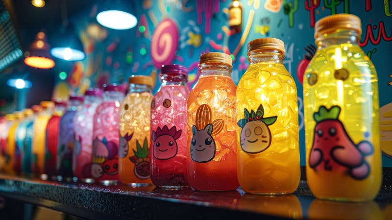 Colorful Bottled Drinks with Cute Graphics on a Brightly Illuminated ... Colorful Bottled Drinks with Cute Graphics on a Brightly Illuminated ...