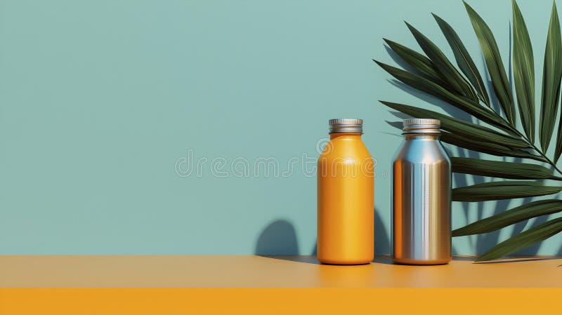 Colorful Bottles with Leaf on Turquoise Background Stock Illustration ...