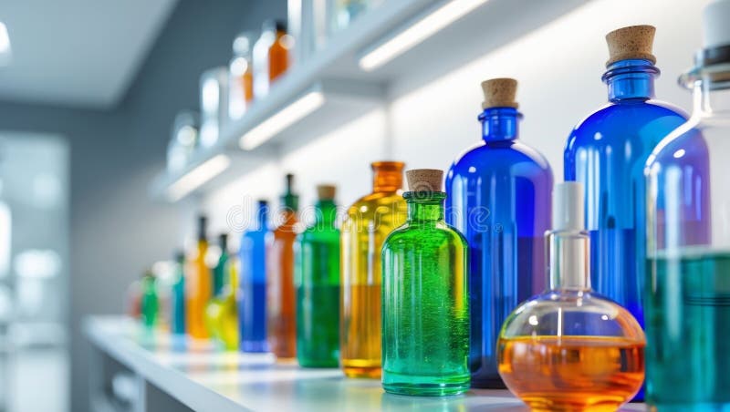 Colorful Bottles Liquid Shelf Display Modern Laboratory Stock Photos ...