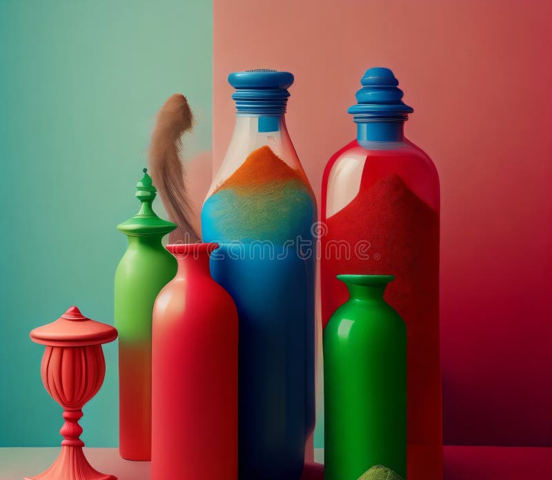 Colorful Bottles on a Red Green Background, Color Concept Stock ...