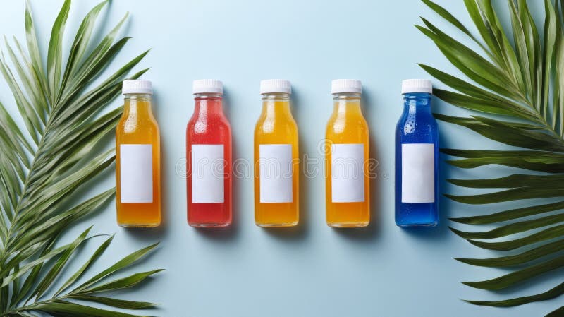 Colorful Bottles of Tropical Fruit Juice on Light Blue Background Stock ...