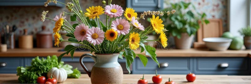 Colorful Bouquet of Daisies in Rustic Kitchen Setting with Fresh ...