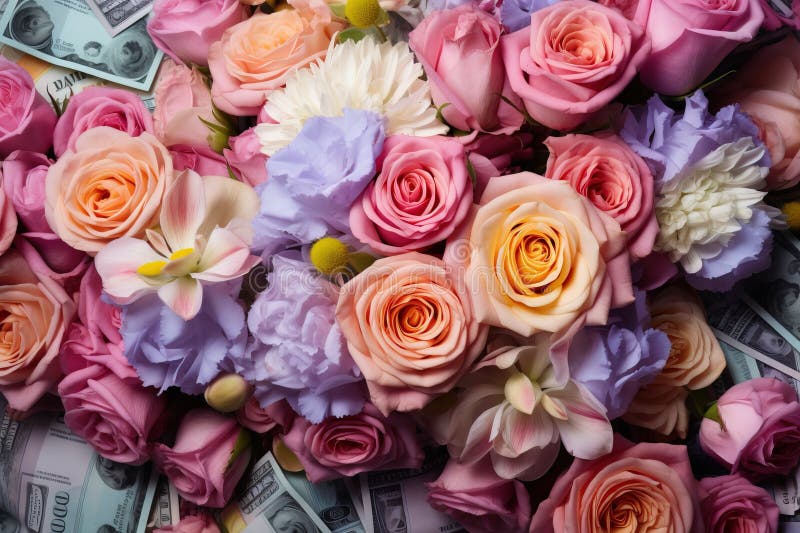 Colorful Bouquet of Roses and Dollar Banknotes As a Background Stock ...