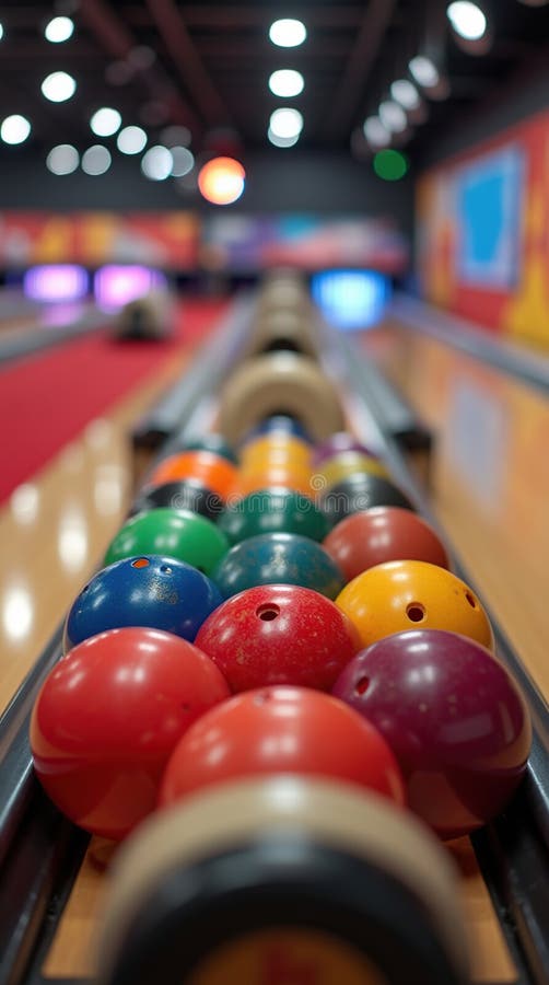 Colorful Bowling Balls Arranged in a Modern Bowling Alley Setting Stock ...