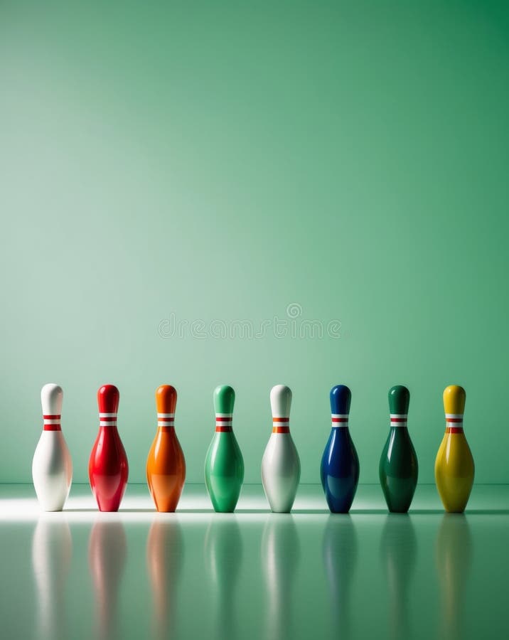 Colorful Bowling Pins in a Row on Green Background. Stock Photo - Image ...