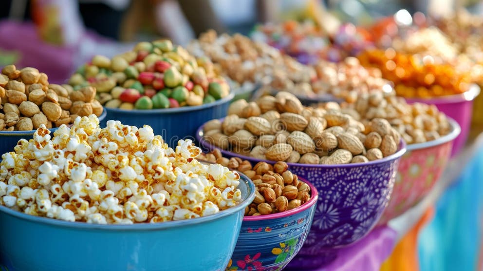 Colorful Bowls of Assorted Nuts and Popcorn at Market Stock ...