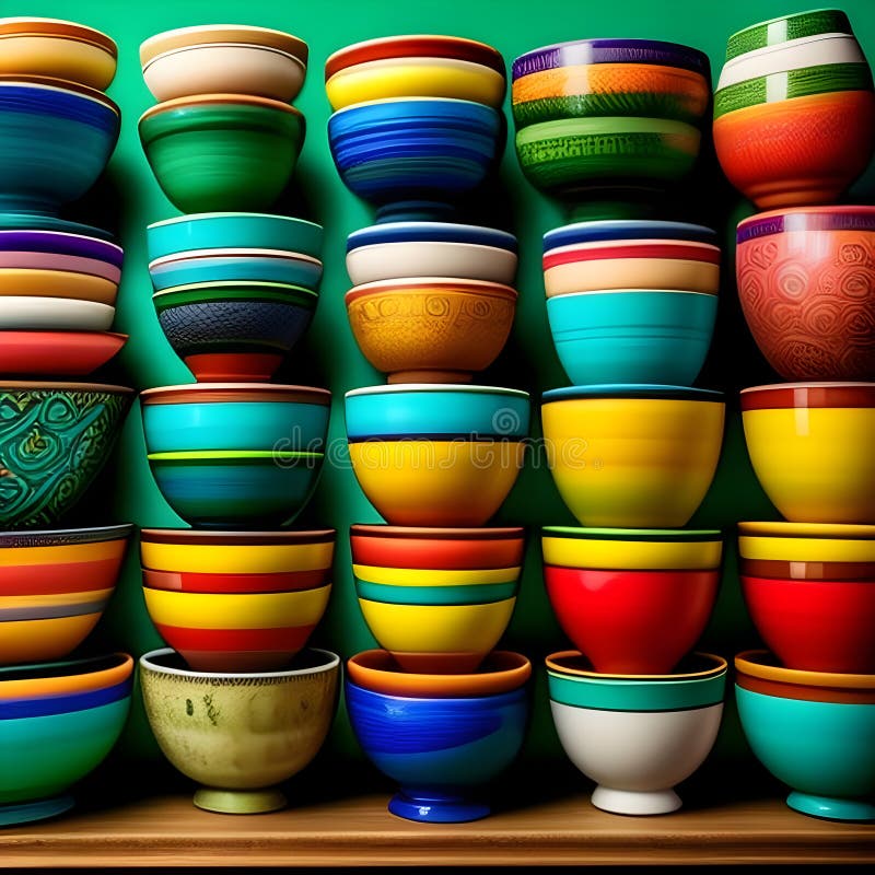 Colorful Soup Bowls are Stacked Neatly , Illustration by Generative AI ...