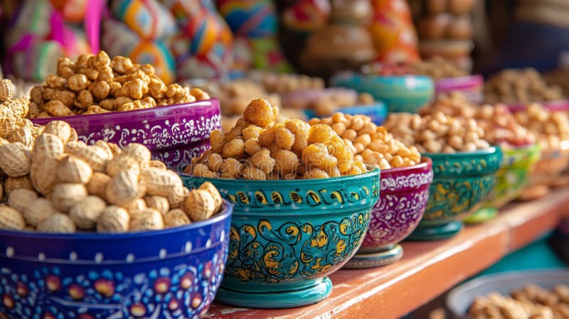 Colorful Bowls Filled with Roasted Nuts and Peanuts Stock Illustration ...
