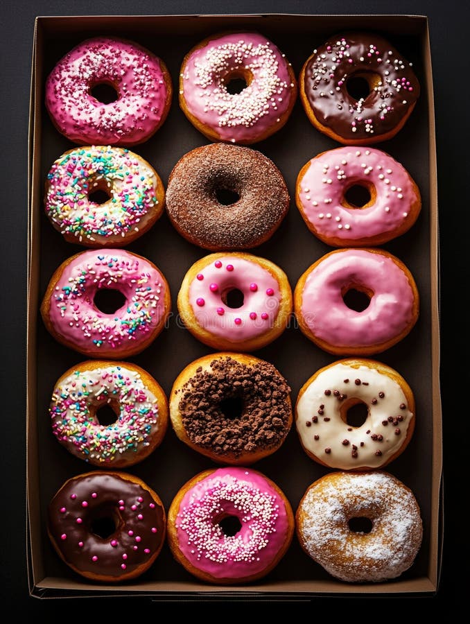 A Colorful Box Filled with Various Donuts and Sprinkles Stock Image - Image of confectionery ...
