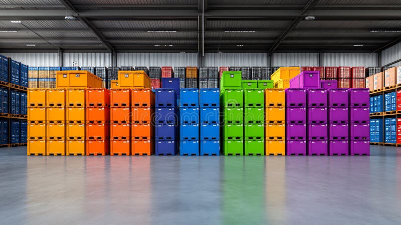 Colorful Boxes Neatly Arranged in a Warehouse Stock Illustration ...
