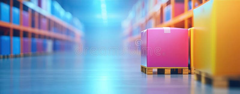 Colorful Boxes on Pallets in Warehouse with Shelves in Background ...