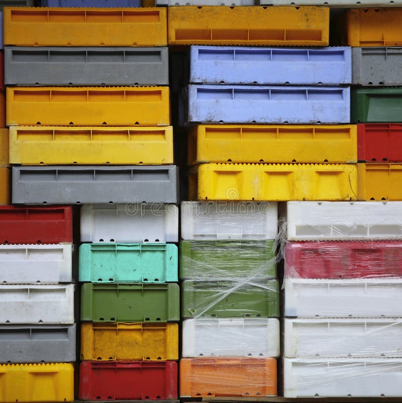 Colorful Boxes Plastic Crates Containers for Fish Stock Image - Image ...