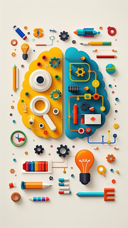 A Colorful Brain Diagram with Various Tools and Symbols, Symbolizing ...