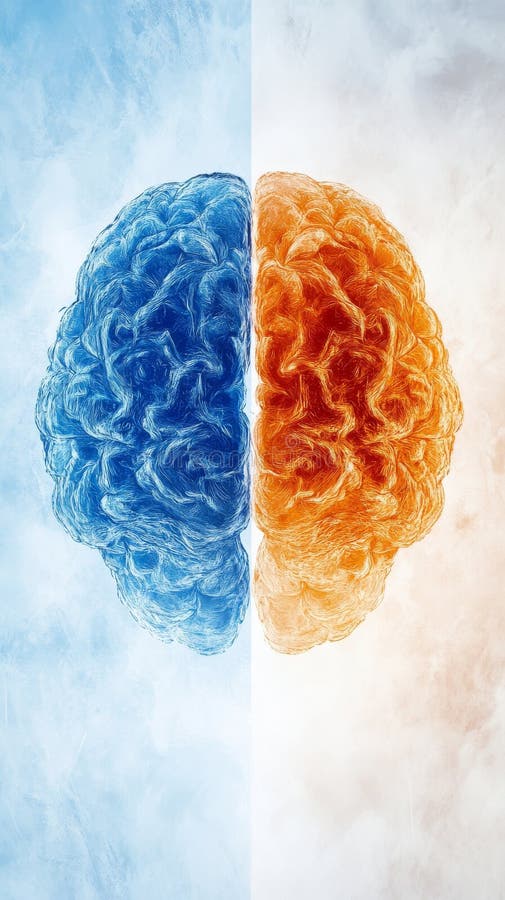 Colorful Brain Divided into Blue and Orange Hemispheres, Abstract Art ...