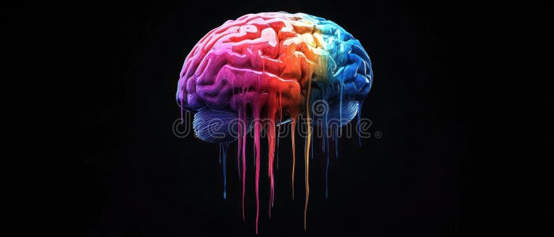 Colorful Human Brain Dripping Paint on Black Background Stock Image ...