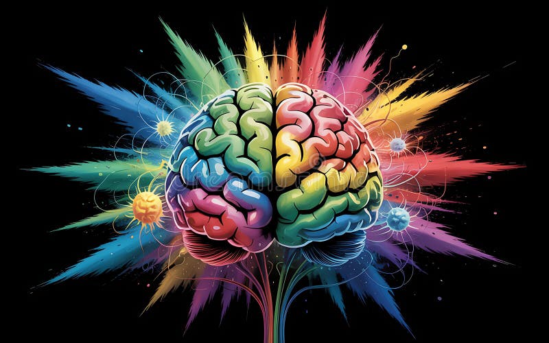 A Colorful Brain with Exploding Paint on a Black Background Design ...
