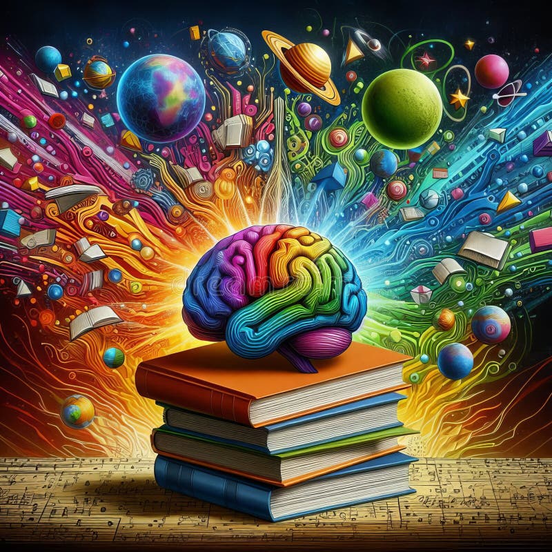 Colorful Brain Illustration with Books and Planets Stock Photo - Image ...