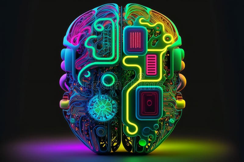 Colorful Brain Illustration and Computer, Human Brain Glowing with ...