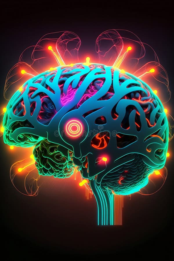 Colorful Brain Illustration and Computer, Human Brain Glowing with ...