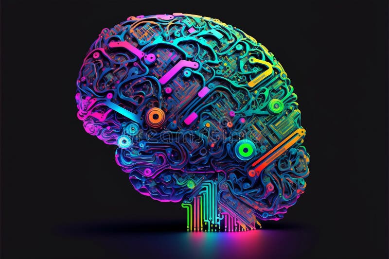 Colorful Brain Illustration and Computer, Human Brain Glowing with ...