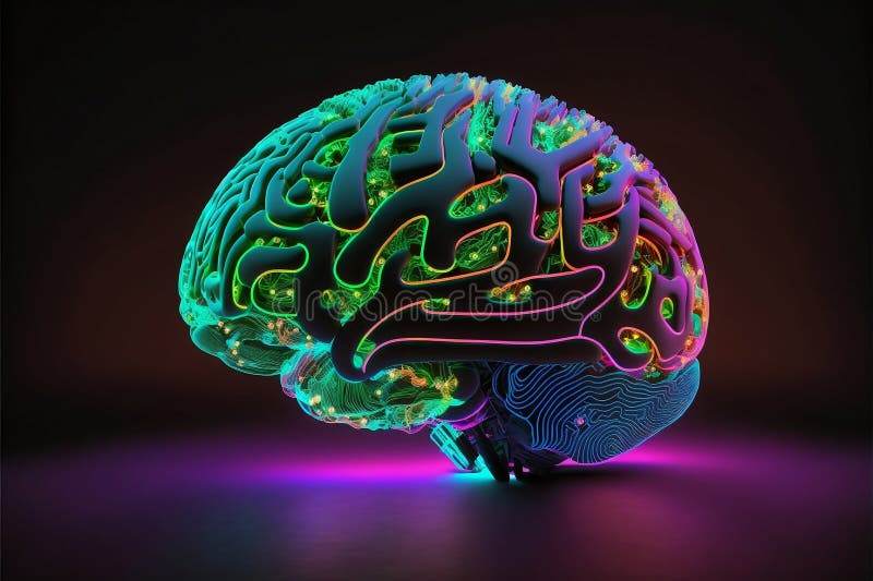 Colorful Brain Illustration and Computer, Human Brain Glowing with ...