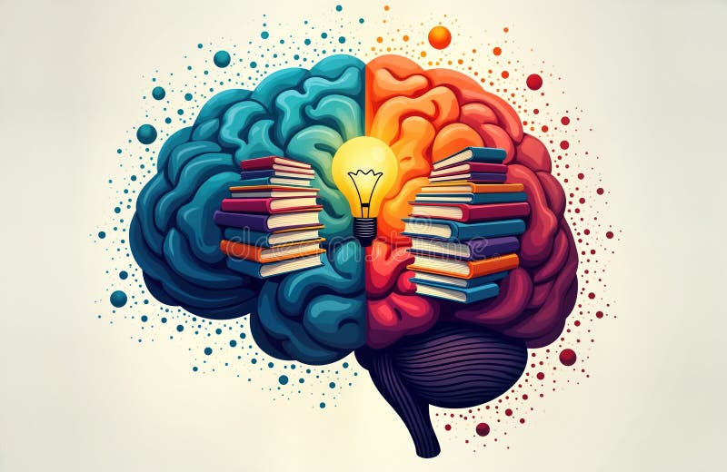 Colorful Brain Illustration with a Stack of Books. a Lightbulb ...