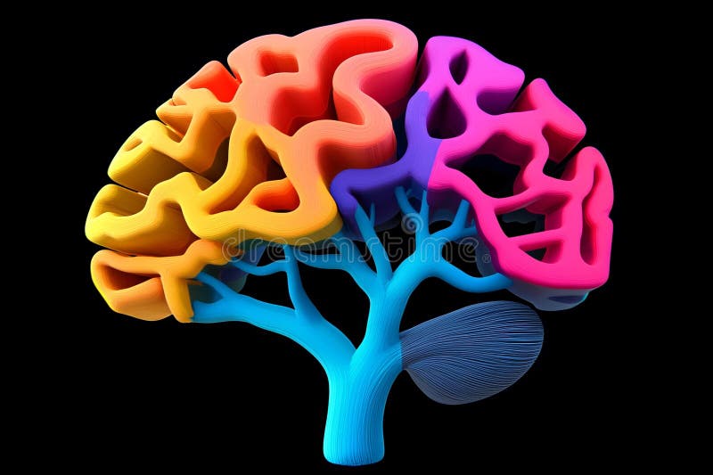 This is a Colorful Brain Model with Cables on a Dark Background ...