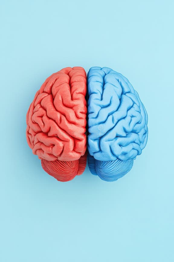 Colorful Brain Model Split in Half with Red and Blue Sections on a Blue ...