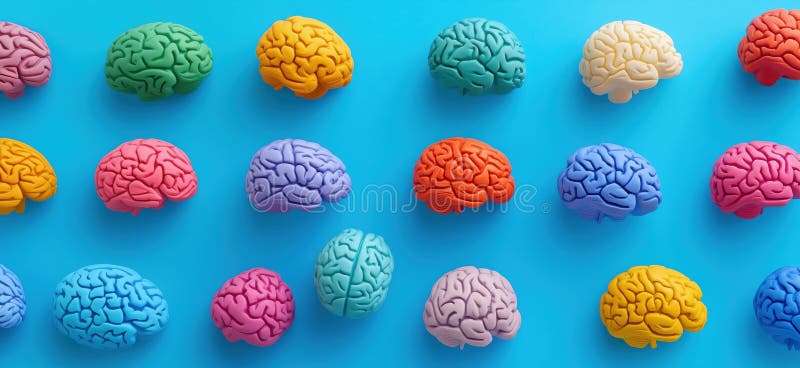 Colorful Brain Models Arranged in a Vibrant Pattern on Blue Background ...