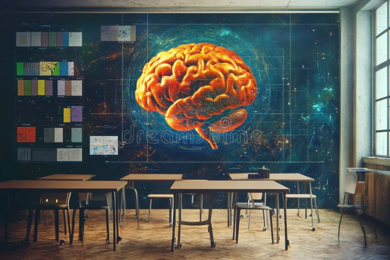 Colorful Brain Mural on Classroom Wall with Desks and Learning ...