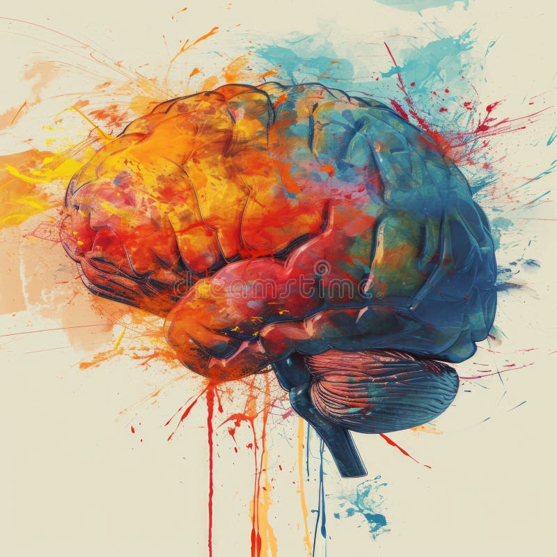 A Colorful Brain with Paint Splatters Stock Illustration - Illustration ...