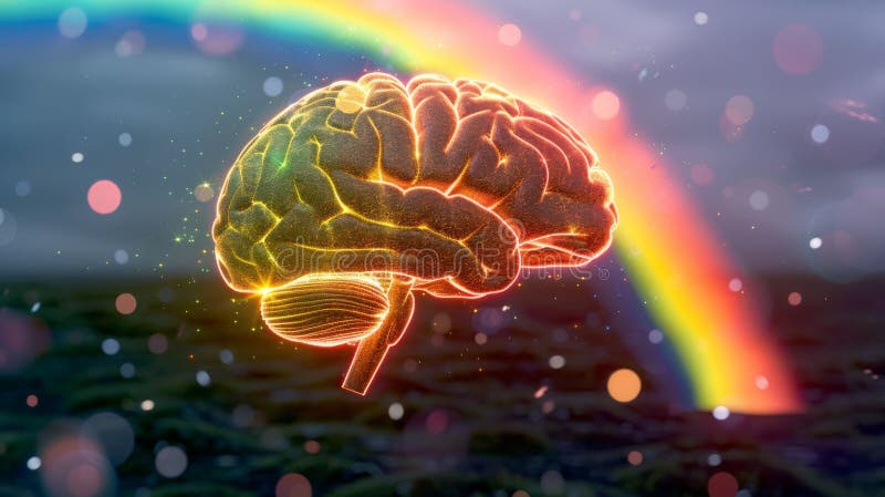 A Colorful Brain with Rainbow Colors and a Rainbow in the Background ...