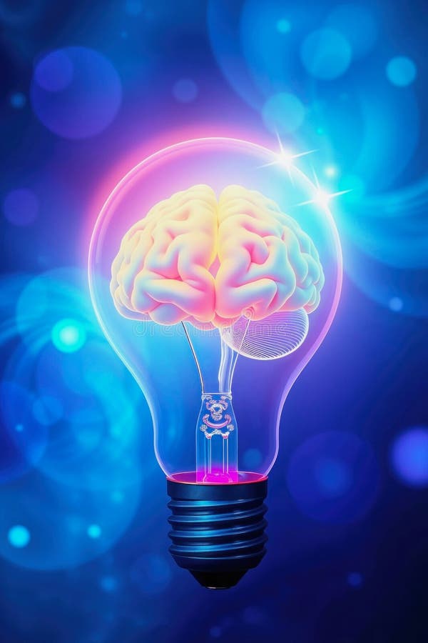 Pastel Brain Inside Glowing Lightbulb on Vibrant Blue Background Stock ...