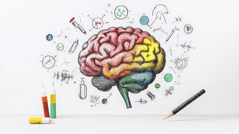 Colorful Brain Drawing on White Background Stock Illustration ...
