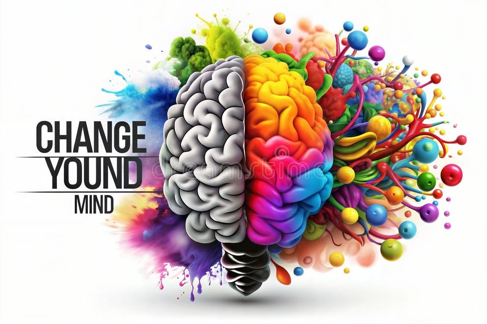 Colorful Brain Split with Text "Change Yound Mind" Symbolizing Logic ...