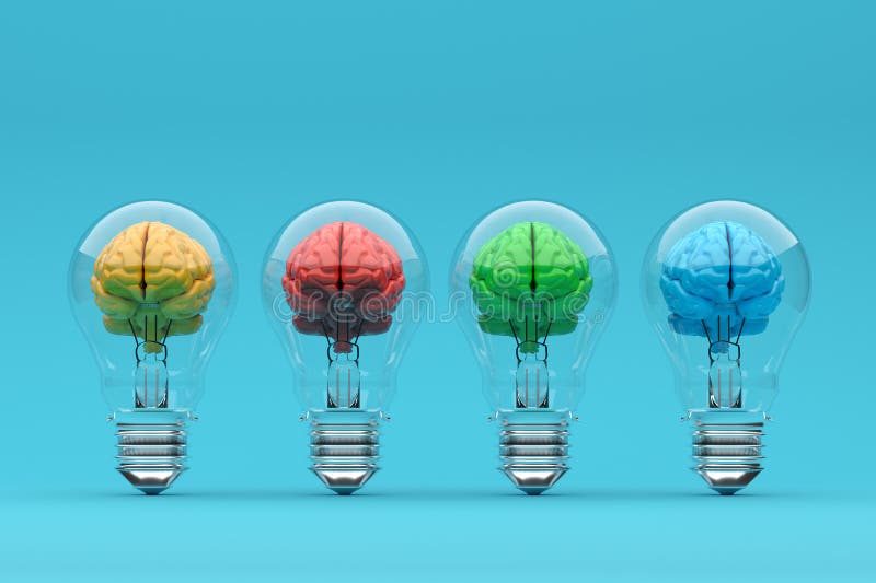 Colorful Brains Inside Light Bulbs Standing on Blue Background Stock ...