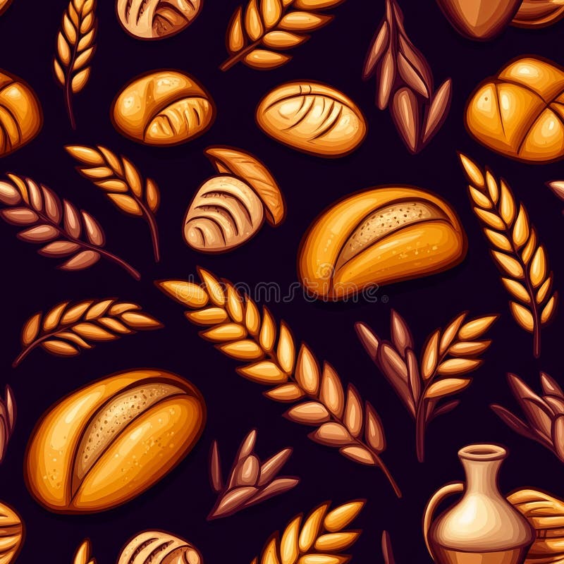 Colorful Bread and Wheat Pattern Showcasing Fresh Bakery Goods and ...