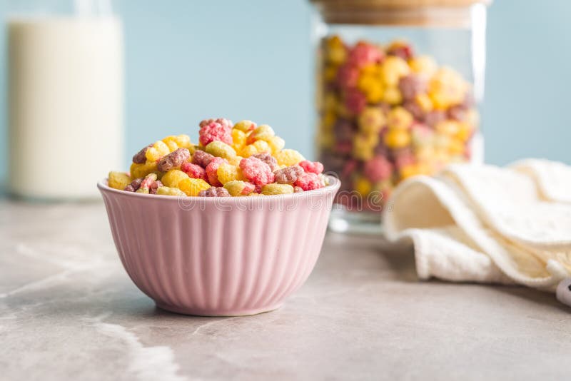 Colorful Breakfast Cereals in the Shape of Various Fruit in Bowl on ...