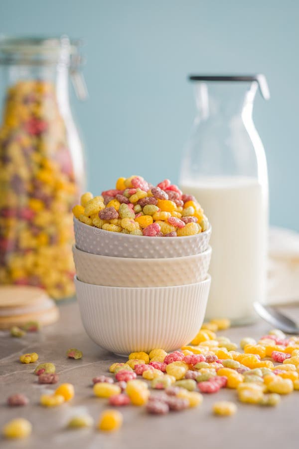 Colorful Breakfast Cereals in the Shape of Various Fruit in Bowl on ...