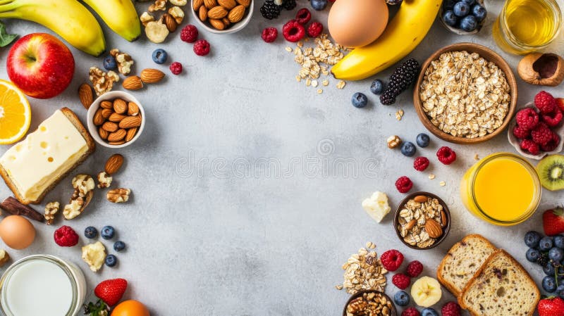 Colorful Breakfast Food Flatlay on Grey Background Stock Illustration ...