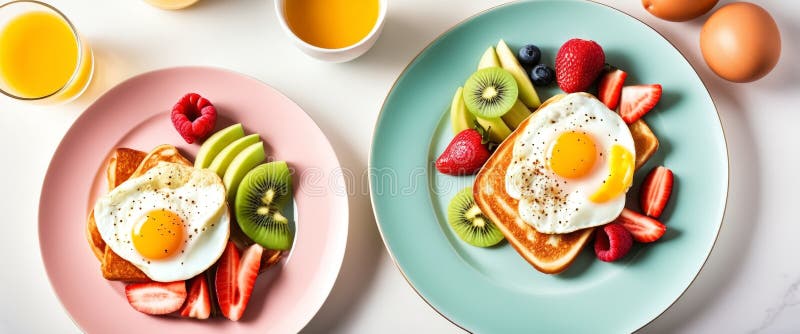 Colorful Breakfast with Fried Eggs, Toast, and Fresh Fruit on Vibrant ...