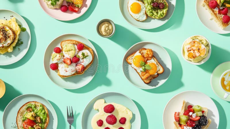 A Colorful Breakfast Spread Featuring Various Dishes on Pastel Plates ...