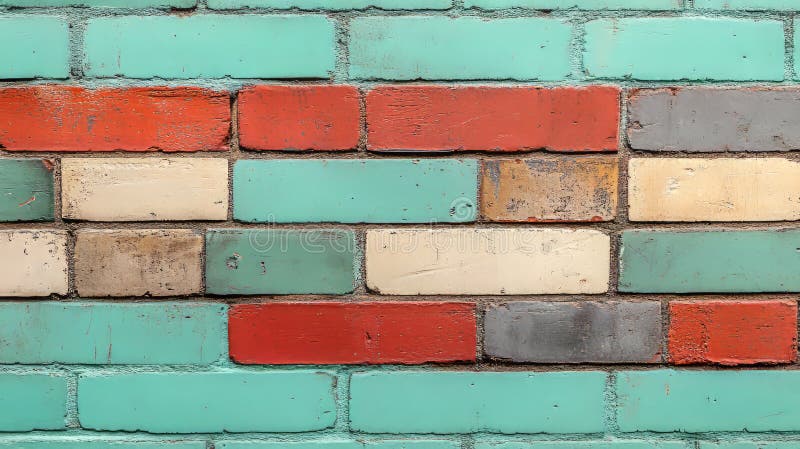 Colorful Brick Wall with Teal, Red, Beige, and Gray Bricks. Stock Image ...