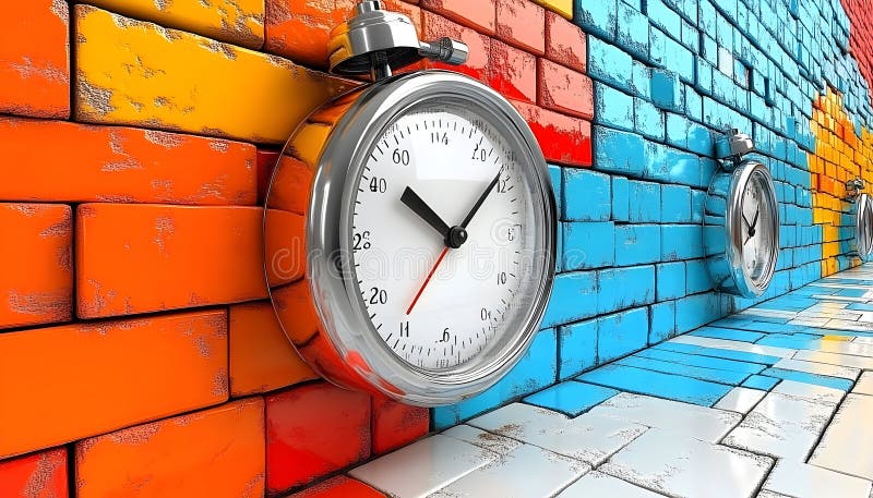 Colorful Clocks on Brick Wall Stock Illustration - Illustration of wall ...