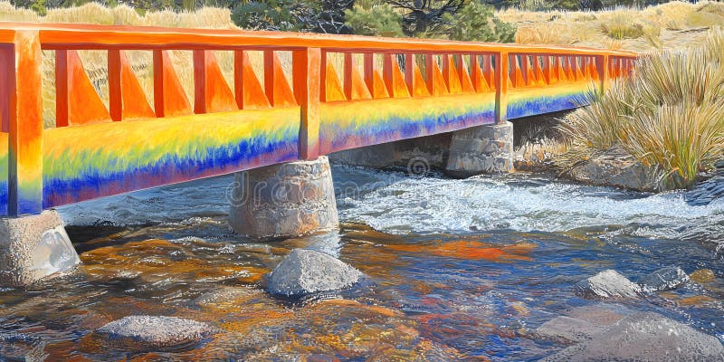 A Colorful Bridge Painted with Rainbow Colors Crossing a Stream in a ...