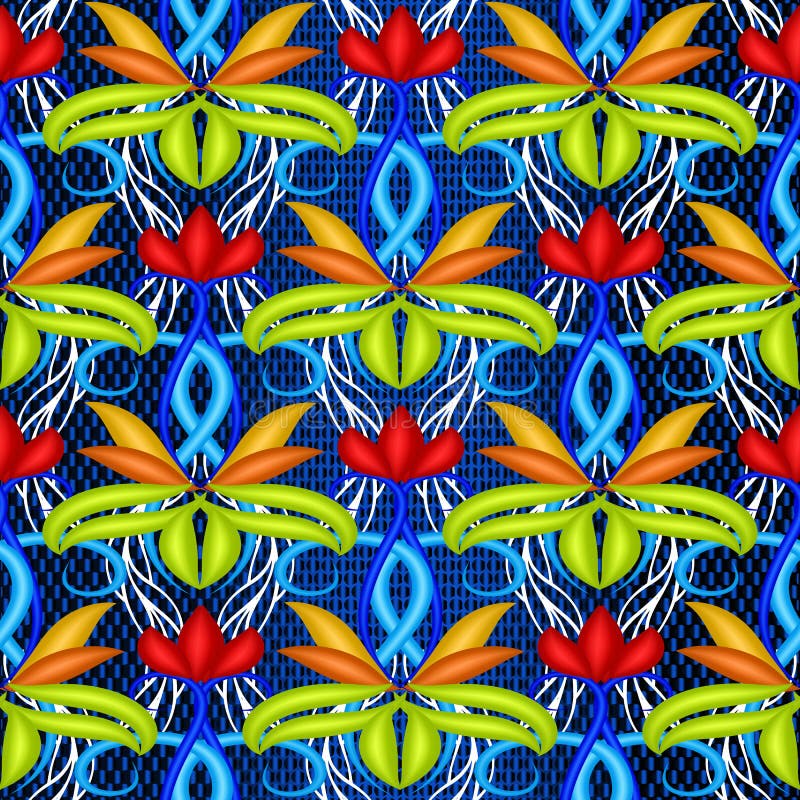 Colorful Bright Floral Vector 3d Seamless Pattern. Blue Textured ...