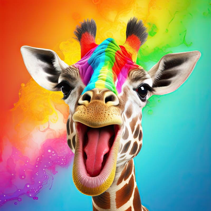 Colorful, Bright, in Rainbow Colors Giraffe Close-up with a Rainbow ...